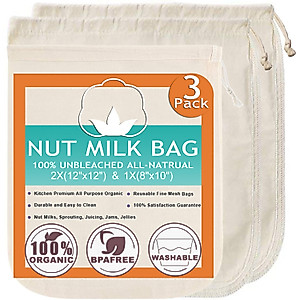 Nut Milk Bag Cloth Strainer for Food, 3 Pack 12" (2 of 12"X12" + 1 of 10") Organic Reusable Kitchen Premium Fine Mesh Cheesecloth, Sprouting, Juicing