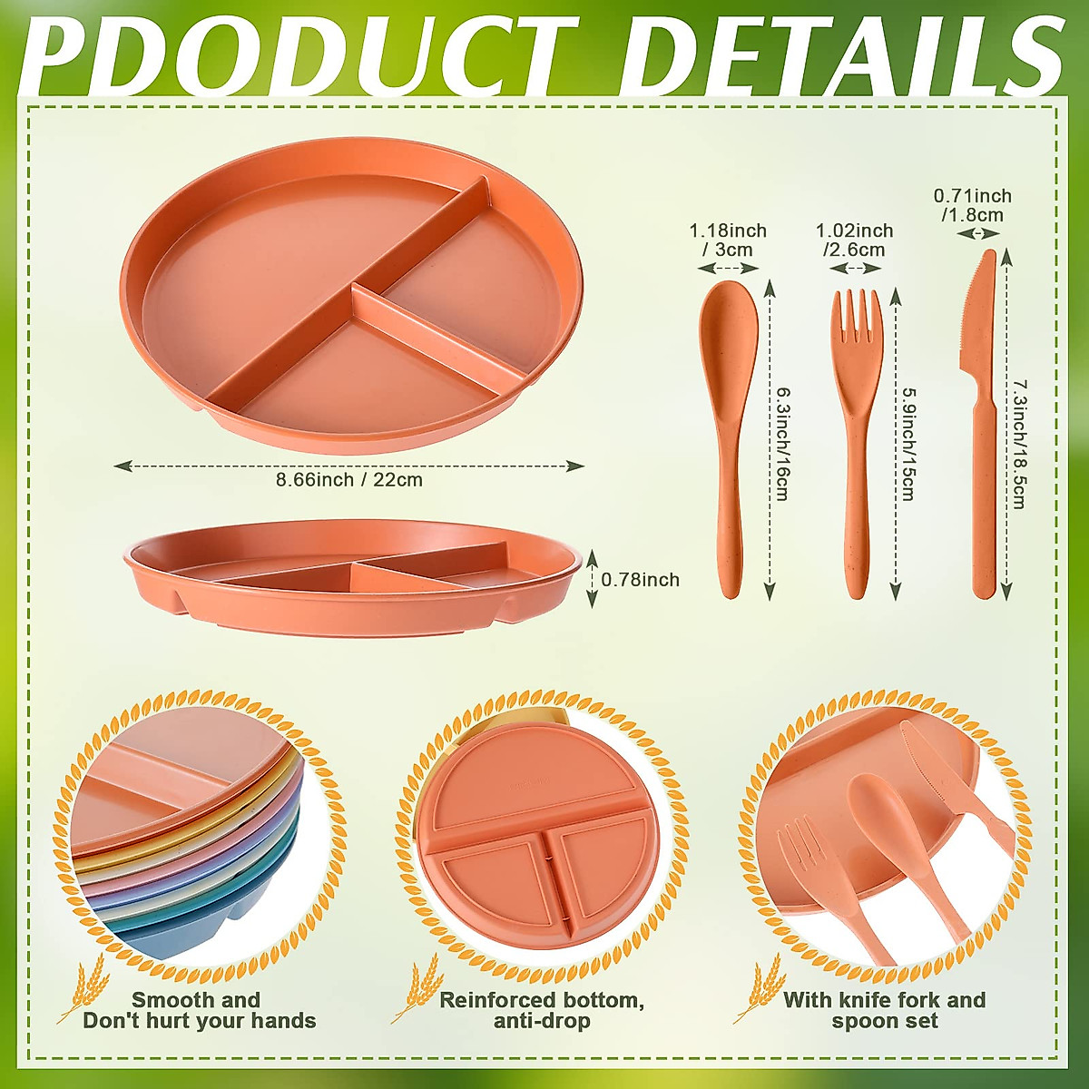 8 Set Unbreakable Wheat Straw Divided Dinner Plates 9 Inch Wheat Plastic Gridded Dinner Plates with Spoon Knife Fork Microwave Dishwasher Safe Wheat Straw Dinnerware Set for Kids Picnic Kitchen