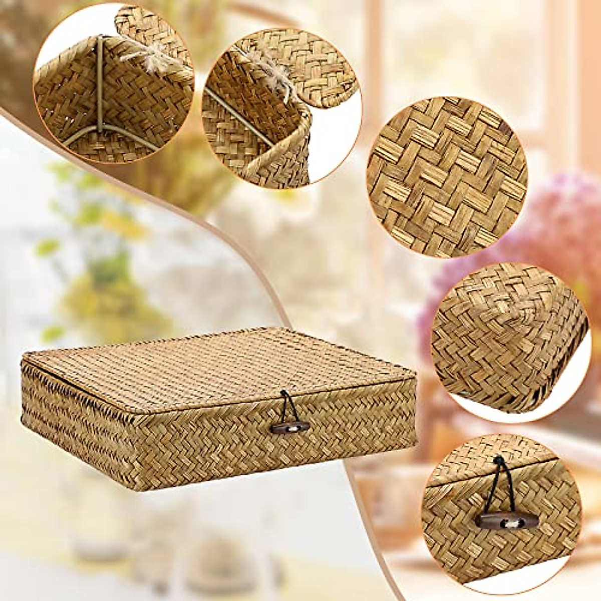 BTSKY 1 Pack Large Wicker Basket With Lid Flat Woven Storage Bins for Shelf Organizing Natural Seagrass Storage Baskets with Lids Home Utility Organizer Box for Home & Office Supplies, Caramel