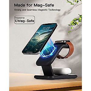 3-in-1 MagSafe Charger Stand, 18W Fast Magnetic Charger for iPhone 14, 13 & 12 Series - Apple Watch & AirPods, Wireless Charging Station for Multiple Devices with Adapter and LED