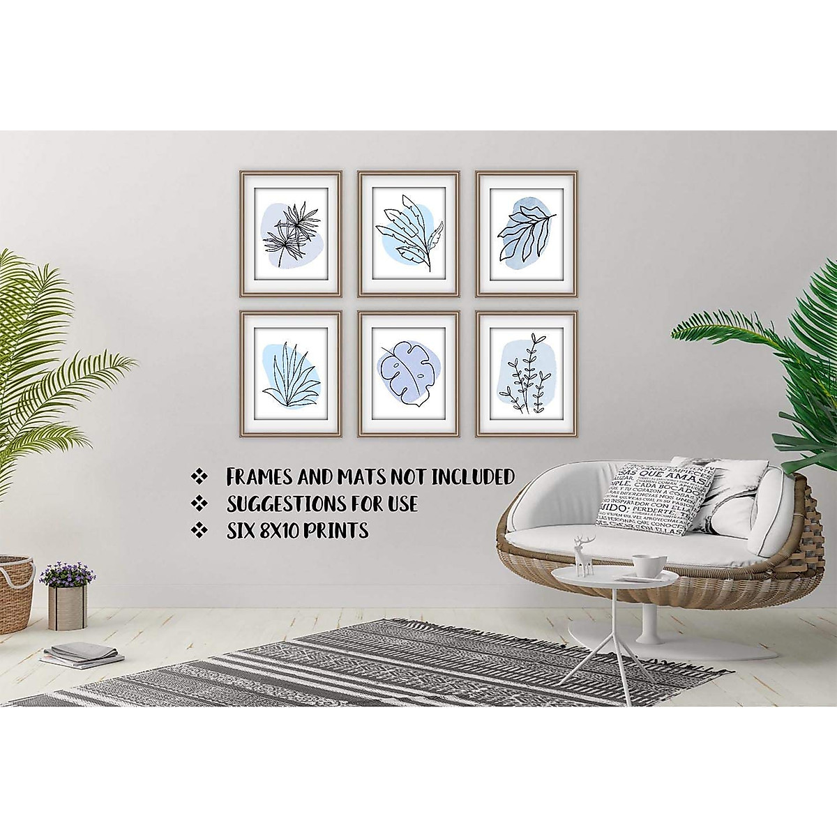 Botanical Prints - Minimalist Line Art Leaf Prints 8x 10 (Set of 6) - Aesthetic Art Posters - Abstract Plant Decor - Unframed (Blue)