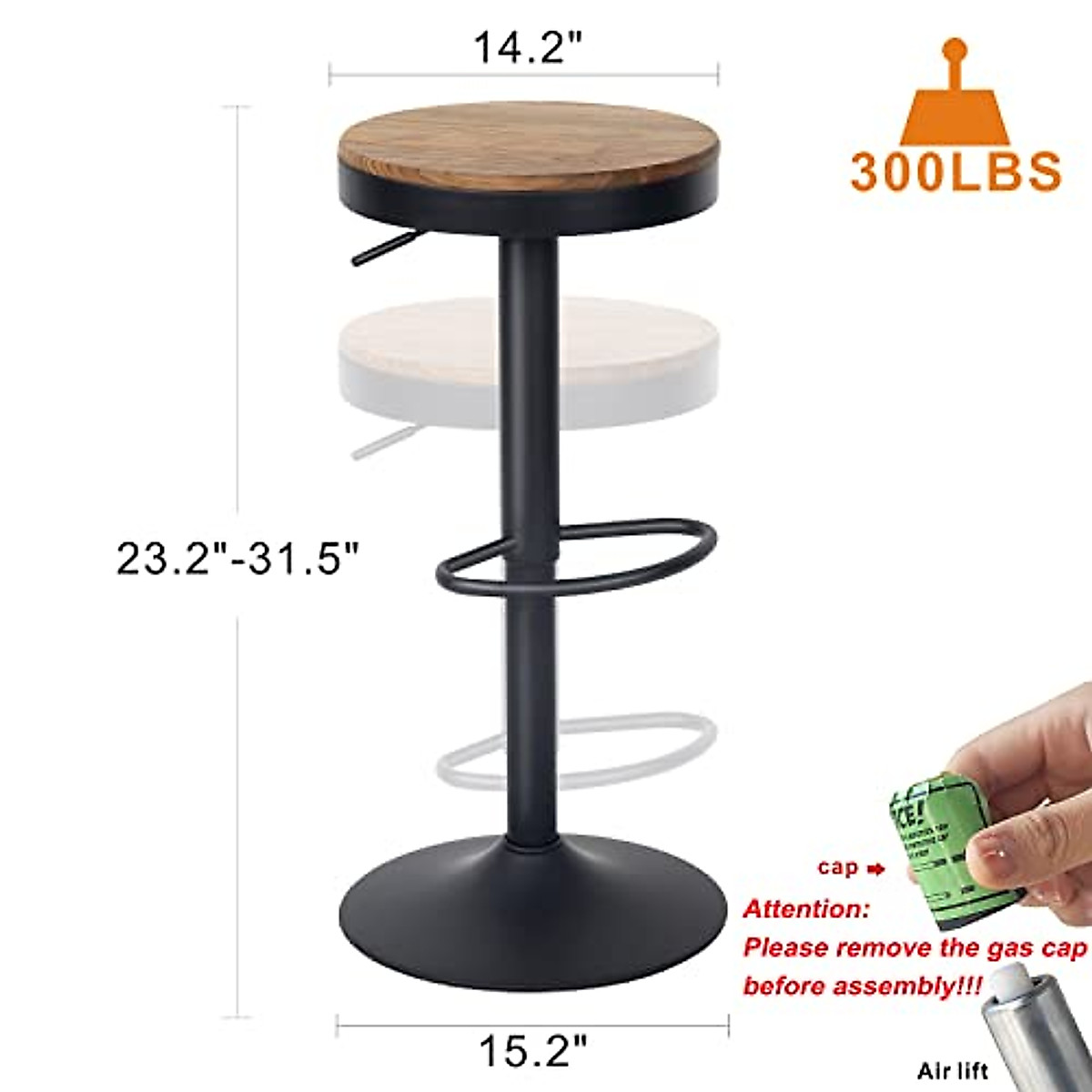 YOUTASTE Wood Bar Stools Set of 2 Black Counter Height Adjustable Bar Stool Metal Modern Barstools Swivel High Top Rustic Bar Chairs with footrest Home Kitchen Island