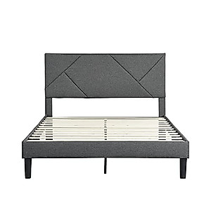Queen Size Upholstered Platform Bed Frame with Headboard, Strong Wood Slat Support, Mattress Foundation, No Box Spring Needed, Easy Assembly, Gray