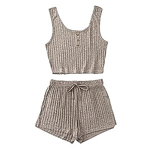 SheIn Women's 2 Piece Sleeveless Button Crop Tank Tops and Shorts Lounge Set Khaki Medium