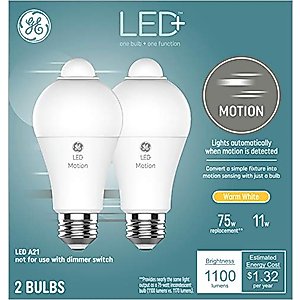 GE LED+ Motion Sensor LED Light Bulbs, Security Light, Warm White, A21 Standard Bulbs (2 Pack)
