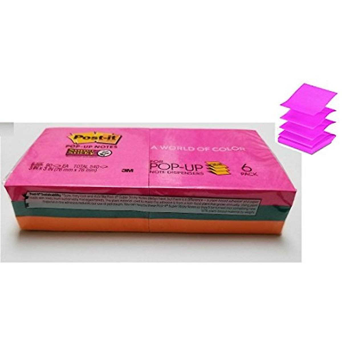 Post-it (TM) 3" x 3" Super Sticky Pop-Up Notes, Assorted Colors, 90 Sheets per Pad, Combo Set of 6 Pads