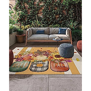 Hello Fall Outdoor Rug for Patio/Deck/Porch, Non-Slip Area Rug 6x9 Ft, Thanksgiving Pumpkin Floral Maple Leaf Yellow Beige Striped Indoor Outdoor Rugs Washable Area Rugs, Reversible Camping Rug Carpet