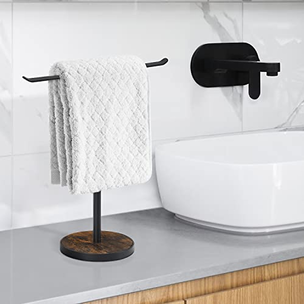 YINMIT Hand Towel Holder Stand, Bathroom Countertop Towel Rack with Wooden Base, Freestanding Kitchen Towel Rack, Heavy Duty T-Shape Face Towel Stand for Bathroom, Kitchen, Vanity (Style A)