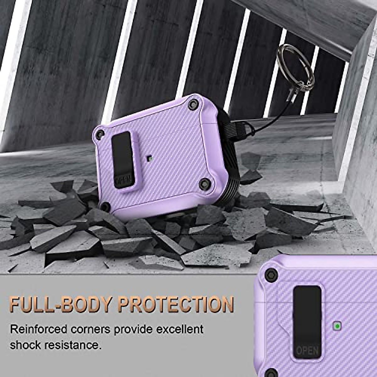 [5 in 1] Case for Airpods 3rd Gen with Lock, Carbon Fiber Secure Lock Clip PC+TPU Shockproof Protective Air Pods 3 Case Cover for Women for Airpods 3rd Generation with Fashion Candy Keychain (Purple)