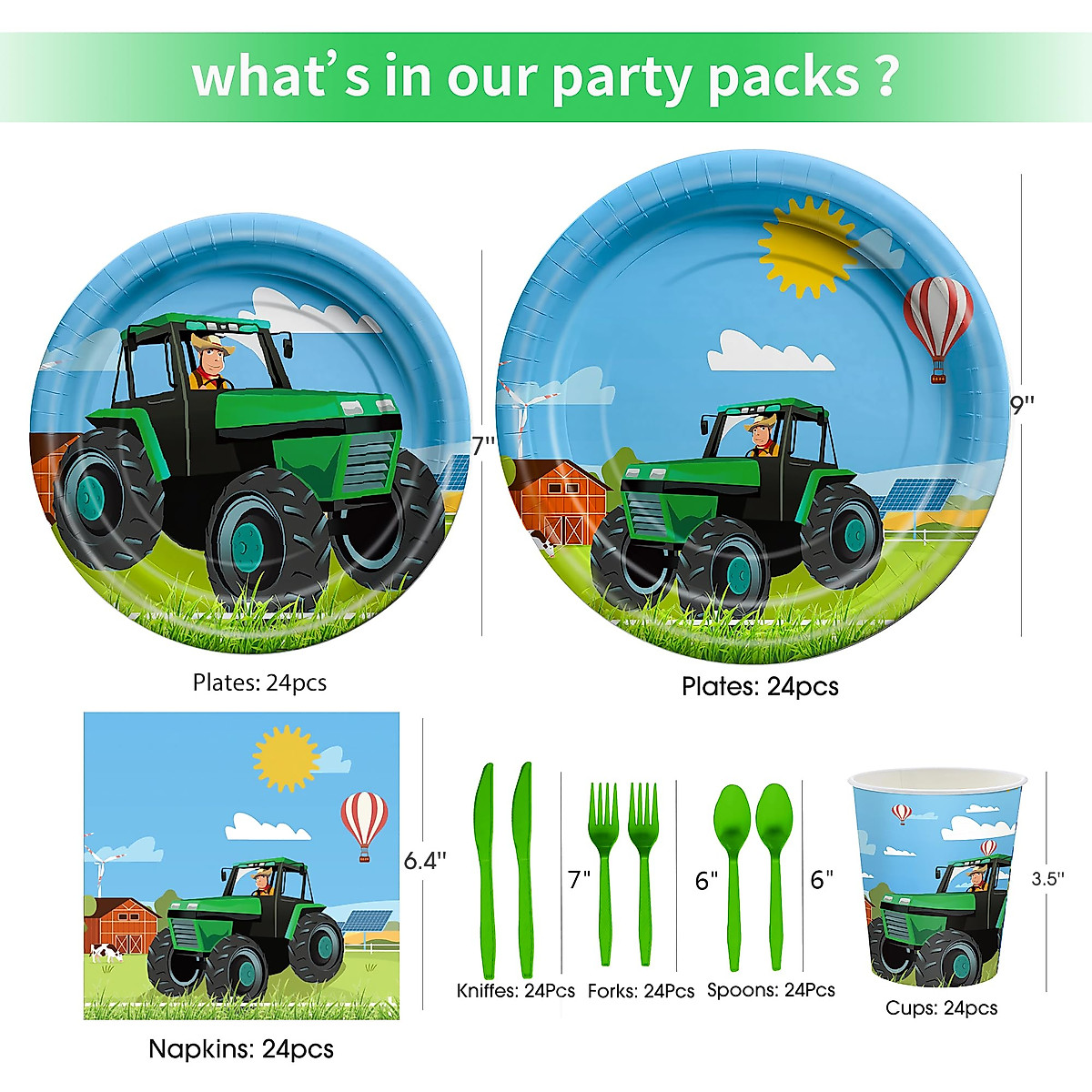 Owelleny Tractor Birthday Party Supplies - Farm Tractor Party Decorations Tableware, Paper Plates, Napkin, Cup, Disposable Cutlery, Green Tractor Birthday Baby Shower Table Decorations | Server 24