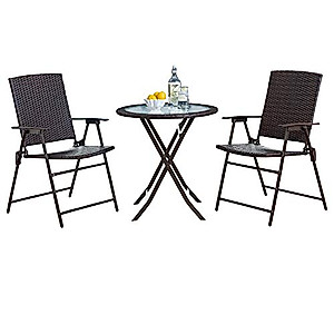 Rimba Outdoor 3 Pieces Wicker Folding Bistro Set, Balcony Table and Chairs Sets, Garden Backyard Furniture