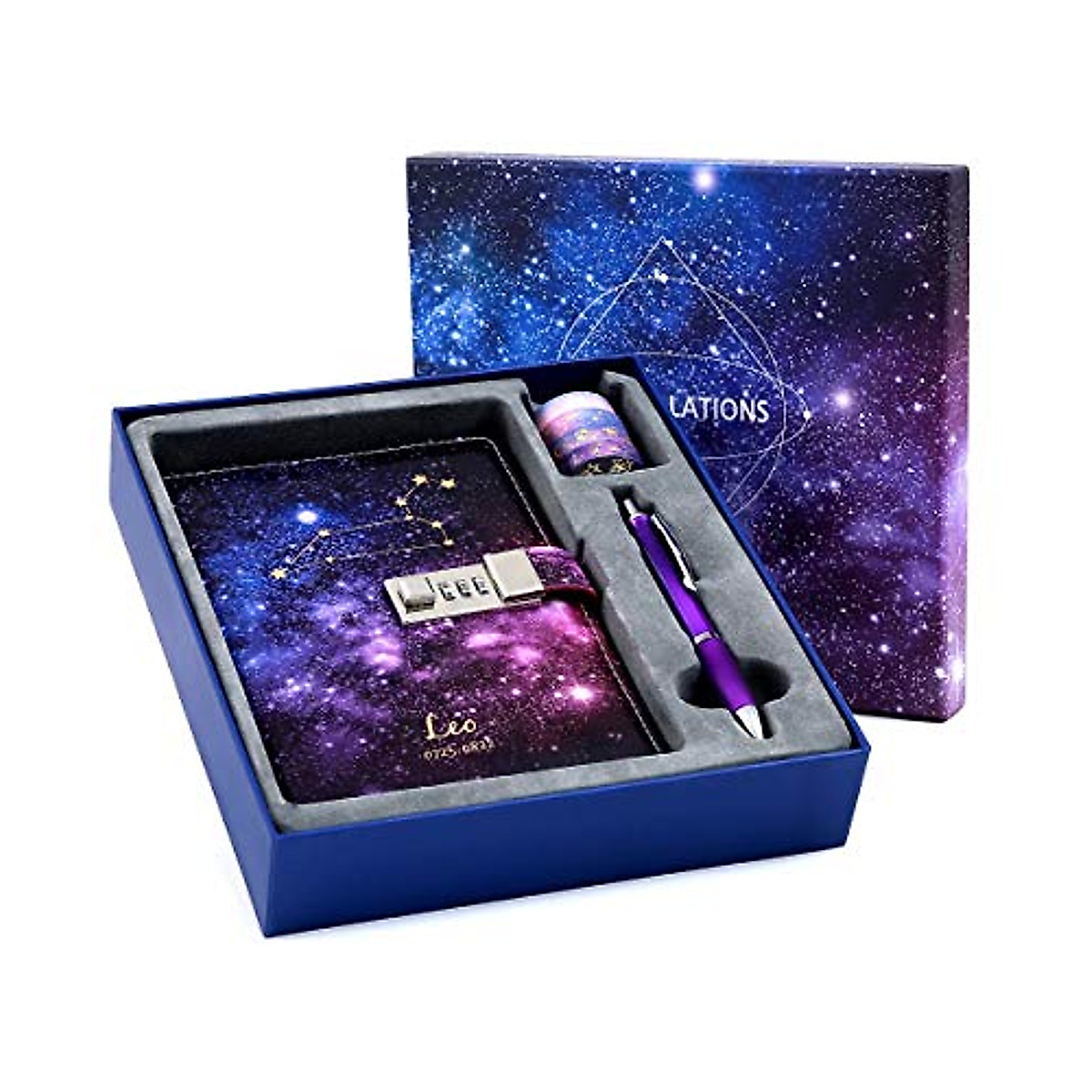 CAGIE Starry Constellation Lock Diary Set Gift Box with Pen & Tapes for Kids Girls Boys Women Combination Lock Journal Notebook Best Luxury Travel Writing Diary for Anniversary Birthday Holiday （Leo）
