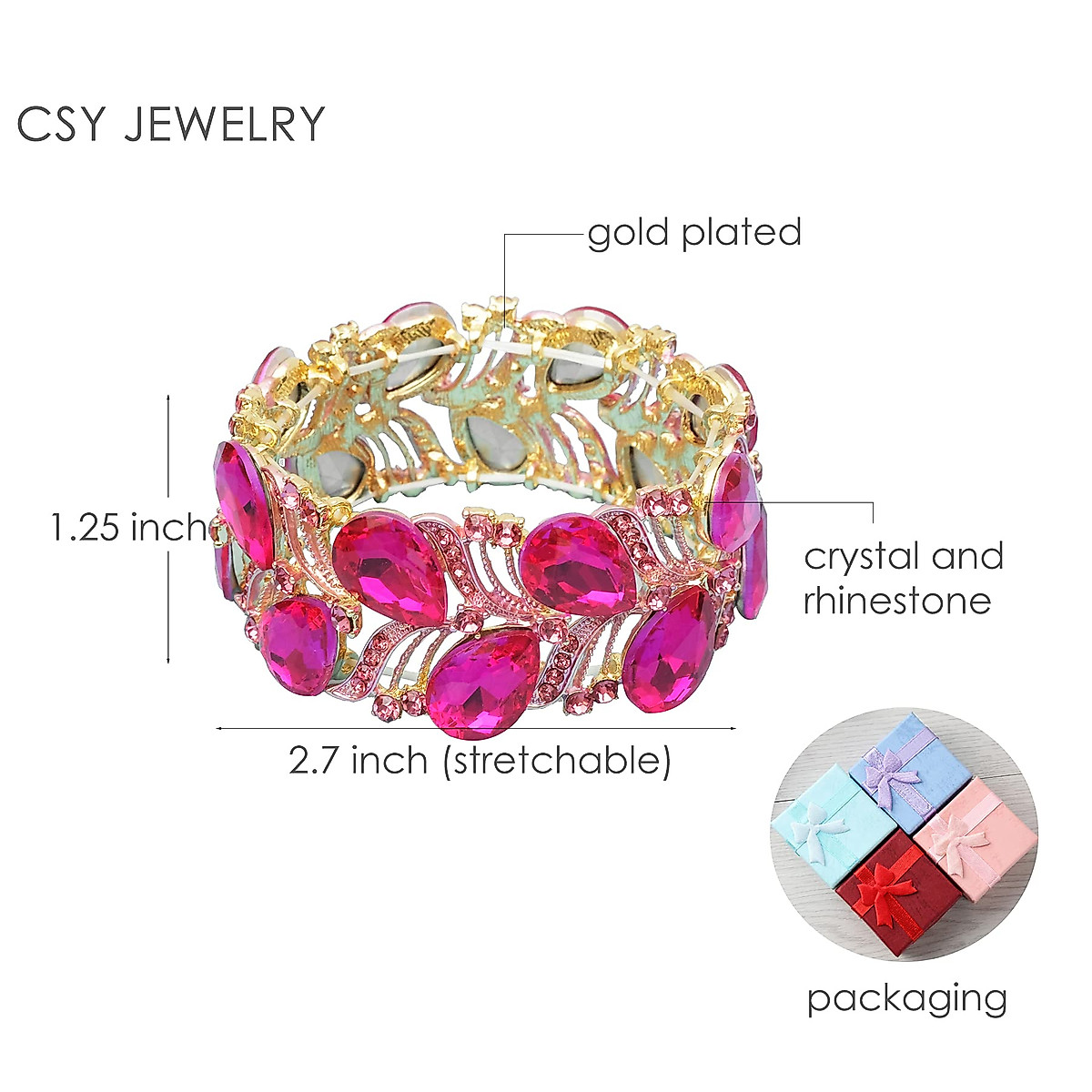 CSY Elegant Stretch Bangle Bracelets Bridal Art Deco Teardrop Crystal Elastic Wide Statement Bracelet for Women Party Prom (hot pink crystal-gold tone)