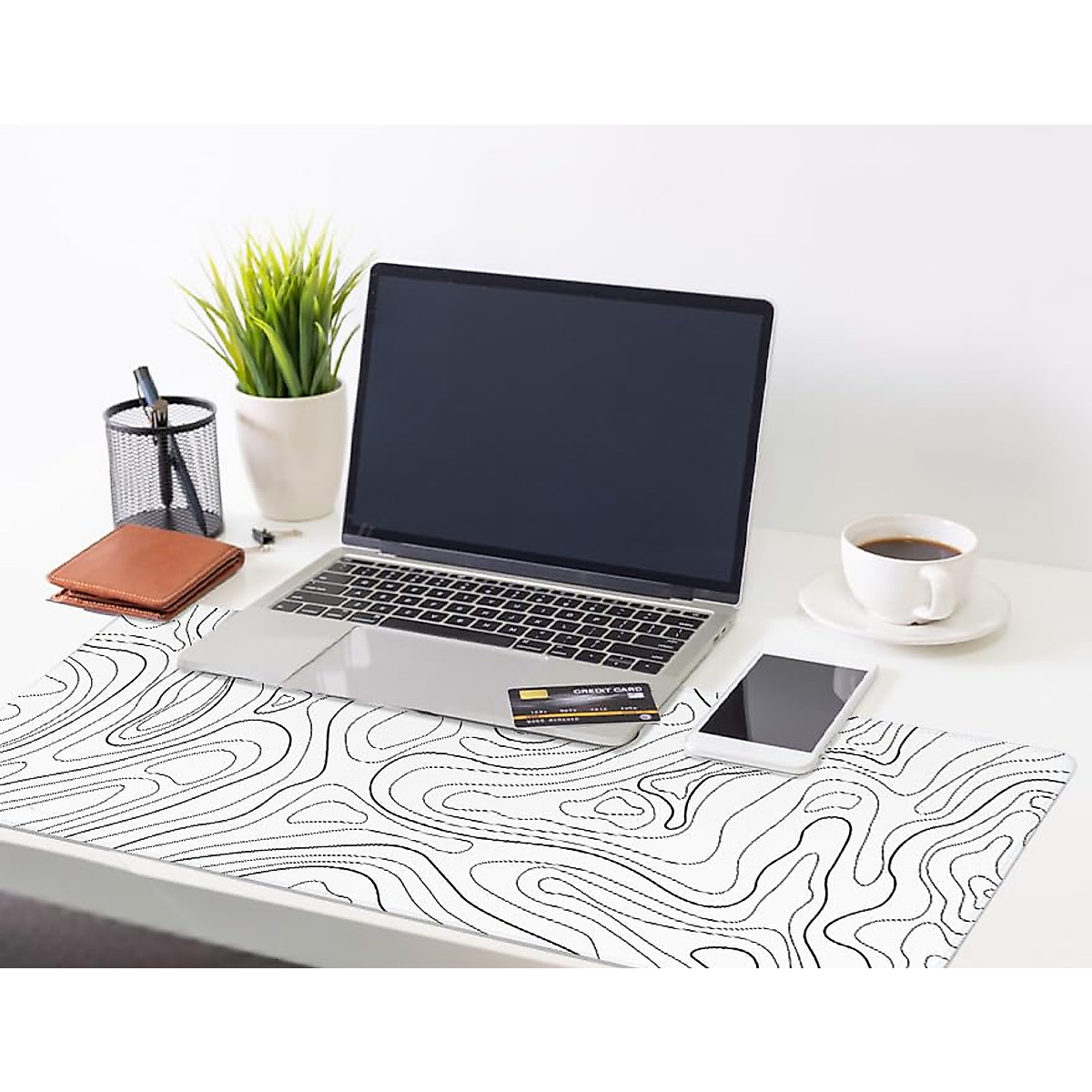 Topographic Gaming Mouse Pad, Extended XL Mousepad with Anti Slip Base, Large Desk Mat Keyboard and Mouse Minimalist Contour for Office 31.5 x 11.8 in