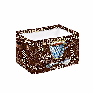 Coffee Cube Storage Baskets for Organizing Waterproof Storage Bins with Handles Storage Basket for Shelves Clothes Toy Closet Organizers, Vintage Printed Cup with Spoon on Brown Word Background