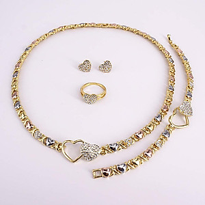 Generic Women's Hugs & Kisses XOXO Real Gold Plated Layered 4 Pieces Necklace Set Includes Necklace Ring Bracelet & Earrings Set Multi Color #19