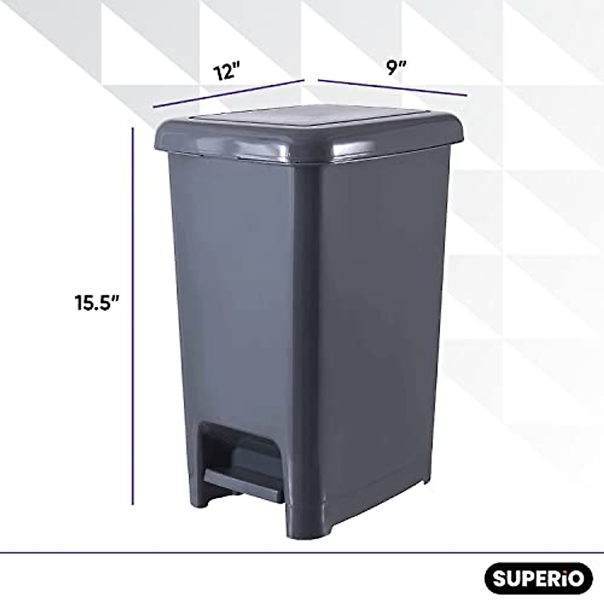 Superio Slim Trash Can with Foot Pedal – 4 Gallon Step-On Trash Can, Small Plastic Garbage Can with Lid, Trash Can for Bathroom, Bedroom, RV, Kitchen, Office, Patio, or Dorm – Onyx Grey