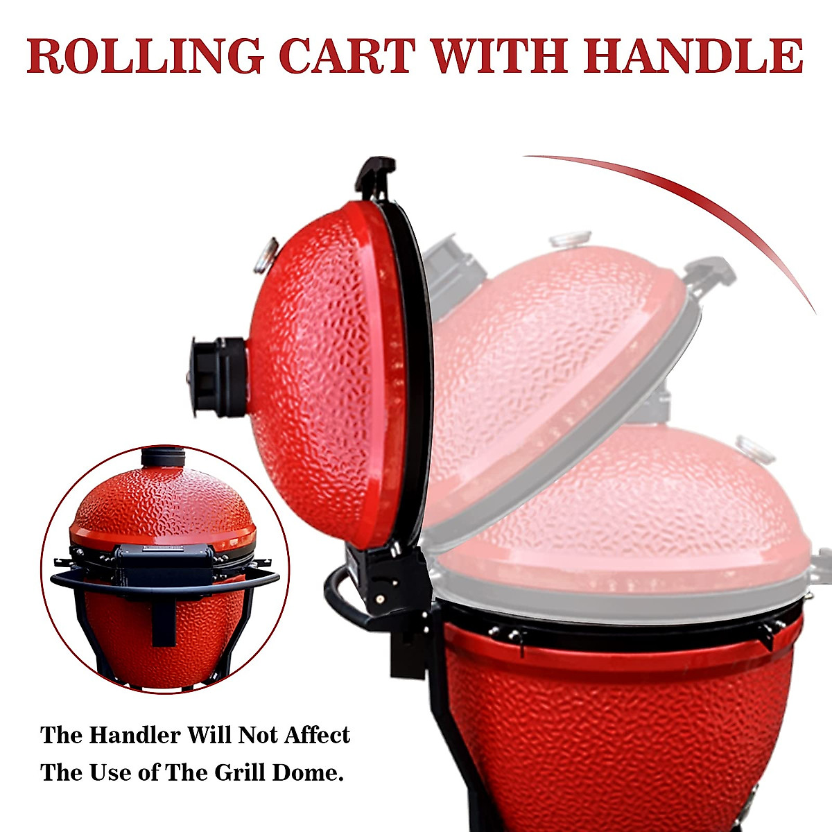 Rolling Cart with Handle+Foot Putter for Kamado Je Big Joe Accessories,Rolling Cart with Heavy Duty Locking Caster Wheels Powder Coated Steel Rolling Outdoor Cart for Kamado Big Joe Grill Stand