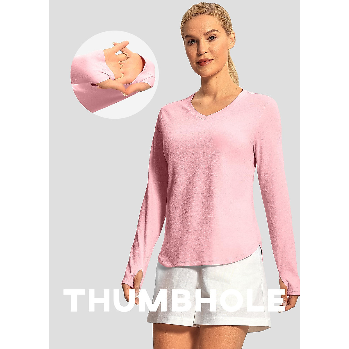 Hiverlay Long Sleeve Workout Shirts for Women V Neck UPF 50+ Athletic Shirts with Thumbhole Running Loose Active T-Shirts Pink s