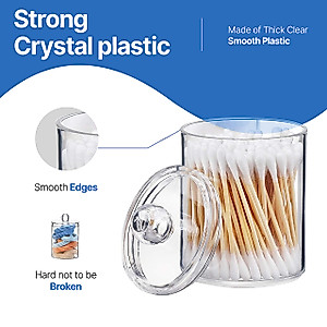 4 PACK Qtip Holder Dispenser For Cotton Ball, Cotton Swab, Cottom Round Pads, Floss Picks - 10 oz Clear Plastic Apothecary Jar Set For Bathroom, Vanity Makeup Organizer, Cnister Storage Organization