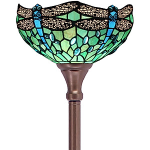 ZJART Tiffany Floor Lamp Torchiere Stained Glass Torch Lamp 12X12X67 Inch Antique Standing Corner Light (Green Dragonfly)