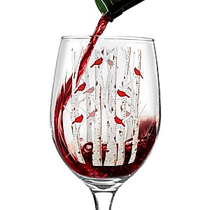 BANBERRY DESIGNS Cardinal Wine Glass - Set of 2 - Stemmed Glasses - Cardinals Perched on White Birch Trees - 7 3/4" Tall 12 oz