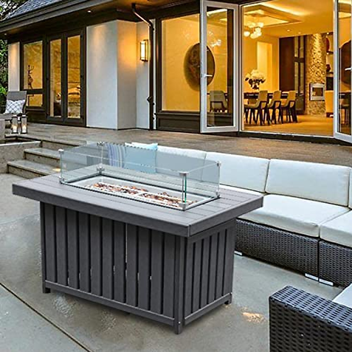 43'' Propane Fire Pit Table, 50,000 BTU Gas Fire Pit , CSA Certified Outdoor Patio Fire Table with Glass Wind Guard, Fire Glass and Lid, Safe for Garden Deck Patio Backyard (Grey)