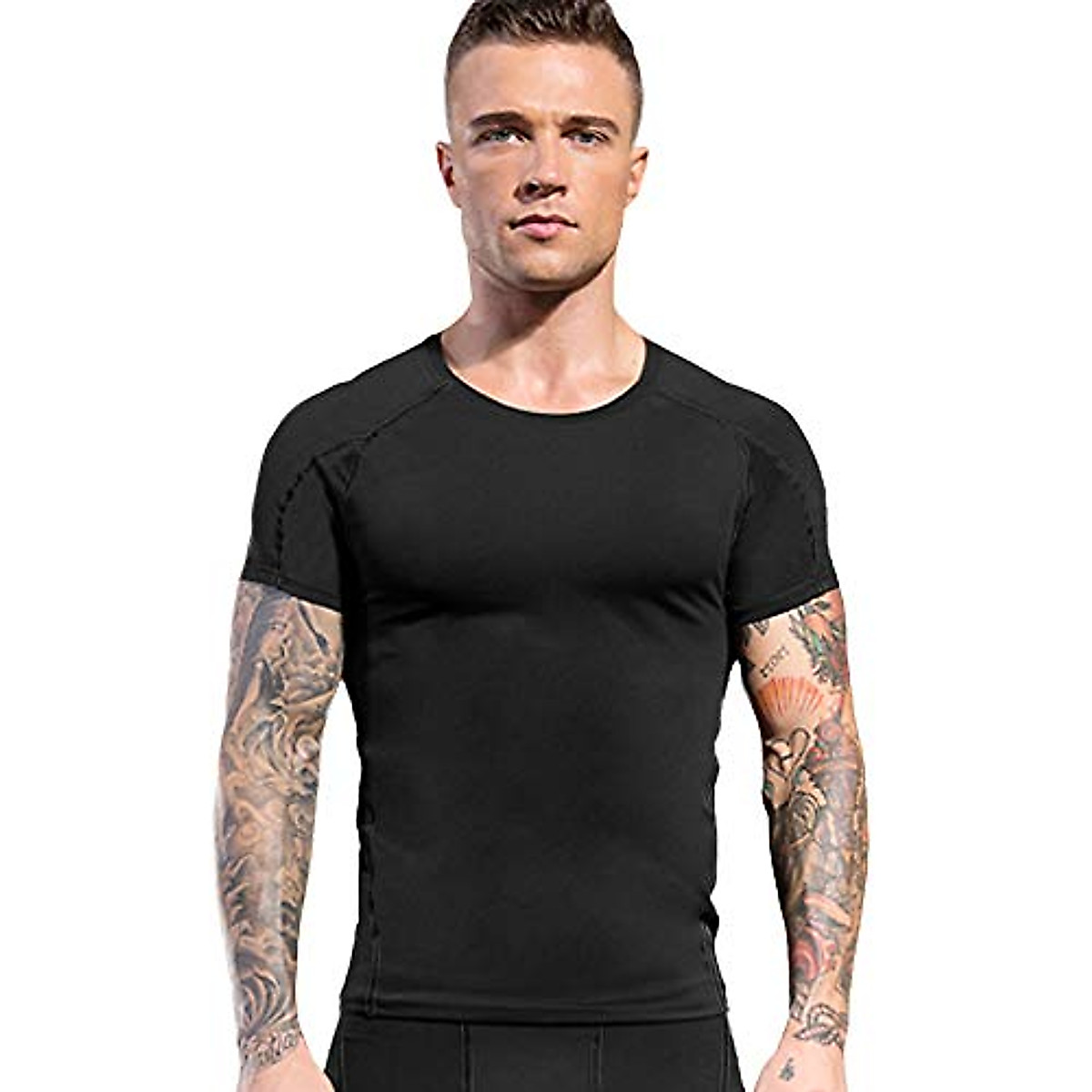 CARGFM Men Short Sleeve Compression Shirts Athletic Workout T-Shirt UPF 50+ Quick Dry Sports Base Layer Undershirts Black