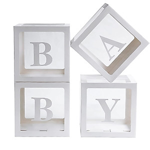 DUBEDAT Baby Boxes with Letters for Baby Shower,4 boxes 4 sets of letters，Transparent Baby Shower Decorations Block Boxes for Birthday Party,Gender Reveal ,Wedding，Reusable Favors In Gift box