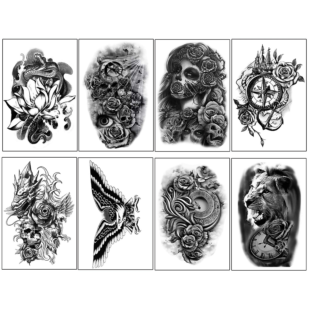 Yazhiji 32 Sheets Temporary Tattoos Stickers, 8 Sheets Fake Body Arm Chest Shoulder Tattoos for Men Women with 24 Sheets Tiny Black Temporary Tattoos