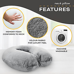 Crafty World Travel Neck Pillow Washable Cover Comfortable Memory Foam Airplane Travel Accessories Essentials Plane Neck Support Pillow for Neck Pain Relief and Sleeping Grey