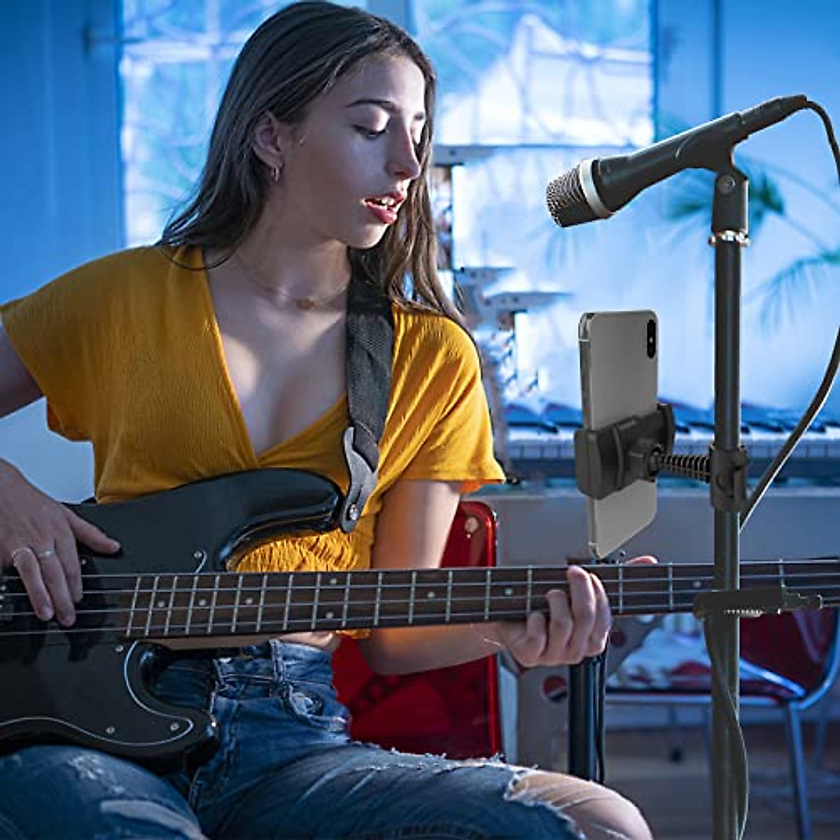 ELEQOTE Cell Phone Holder for Microphone Stand 360° Swivel Adjustable Smartphone Clamp Mount Compatible with iPhone, Galaxy, Sony, LG, Google, Pixel, Oneplus, Huawei and Other Phones