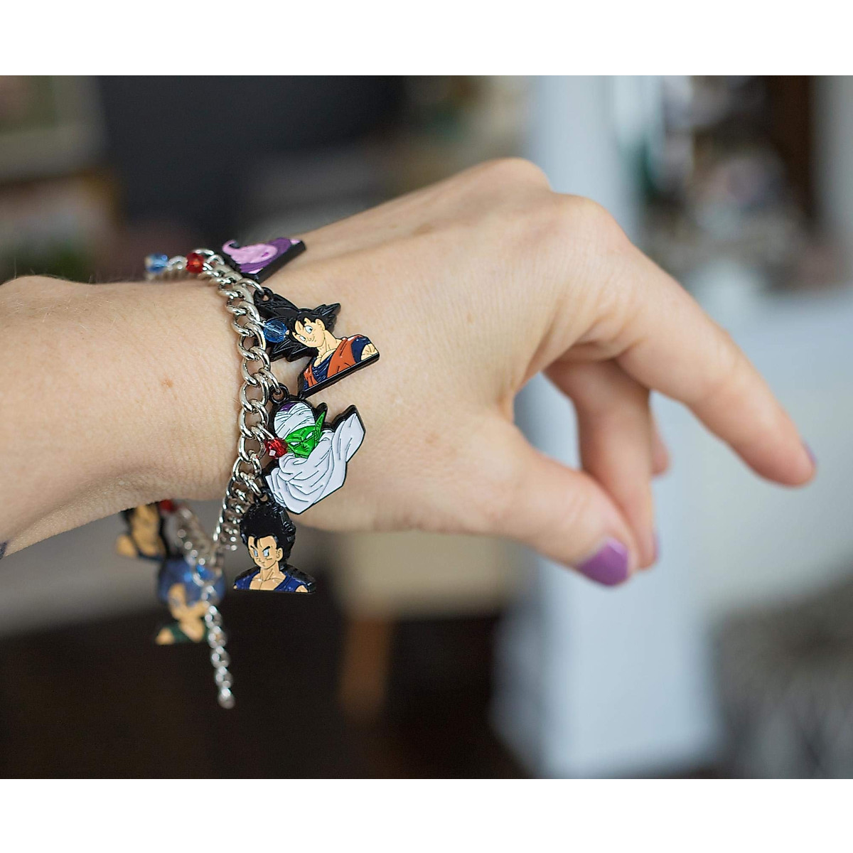 Toynk Dragon Ball Z Character 15-mm Silver-Toned Charm Bracelet | Includes 8 Unique Enamel Pendant Charms | Goku, Vegeta, Piccolo, And More | Fashionable Anime Manga Wrist Jewelry Accessories
