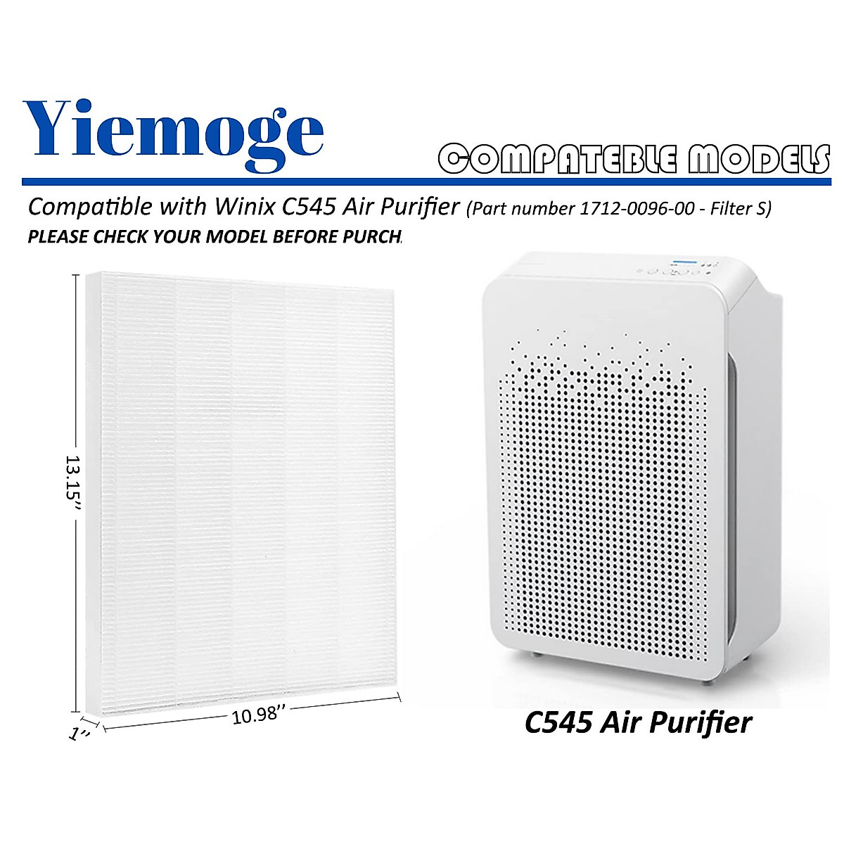 Yiemoge True HEPA Replacement Filter Compatible with Winix C545 Air Purifier, Winix Model C545 P150 B151 113050 Filter S, Part Number 1712-0096-00 (4 HEPA Filters)