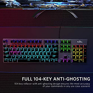 Fiodio Mechanical Gaming Keyboard, Fantastic LED Rainbow Backlit Wired Keyboard, Full Anti-Ghosting Keys, with Quick-Response Blue Switches and Multimedia Control for PC and Desktop Computer