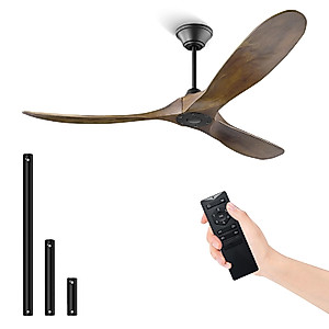 YZEENM 60 Inch Outdoor Ceiling Fan No Light, 3 Blade Carved Solid Wood Propeller Ceiling Fan with Remote Control, 6 Speed Quiet DC Motor Ceiling Fans for Patios Porch, Dark Walnut Color Blade