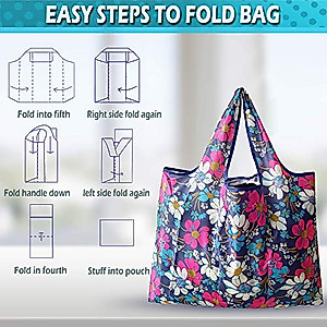 6 Pack Reusable Grocery Shopping Tote Foldable Bags with Pouch, Large Capacity, Durable, Washable, Heavy Duty Lightweight, Eco-Friendly, Waterproof, Geometry Animal Floral Design also for Travel, Gift