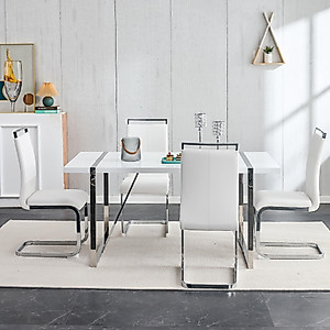 FURNITO Dining Table Set for 4,Modern Rectangle White Dining Table with PU Dining Chairs 4,Ideal for Home,Kitchen Dining Room,Kitchen Table and Chairs for 4