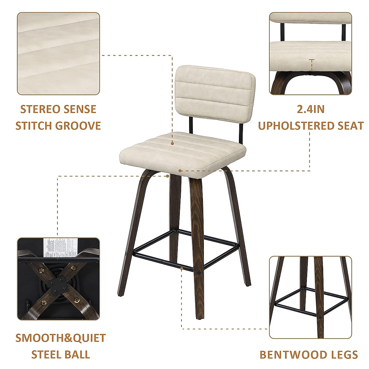 FERFALDER Swivel Bar Stools Set of 2, Counter Height, Wooden Frame, PU Leather Cushions, Beige