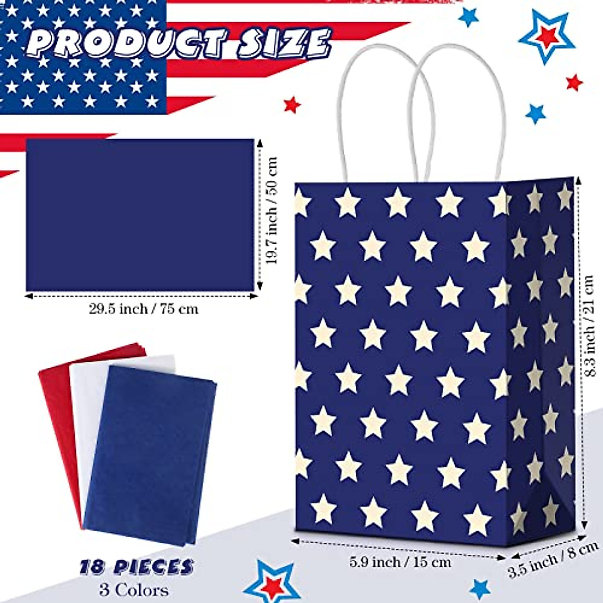 16 Pieces Patriotic Gift Bags with Handle with 18 Pcs Tissue Paper 4th of July Gift Bags American Flag USA Gift Bags for Veterans Day Memorial Day Independence Day Party (Retro Style)