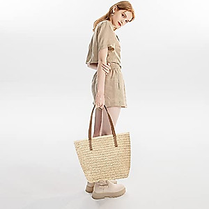 VODIU Women Straw Tote Woven Handbag Large Summer Beach Handmade Weaving Shoulder Bag Shopper Bohemia