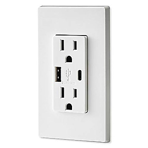 Leviton T5633-W 15-Amp Type A & Type-C USB Charger/Tamper Resistant Outlet, Not for Laptops, White