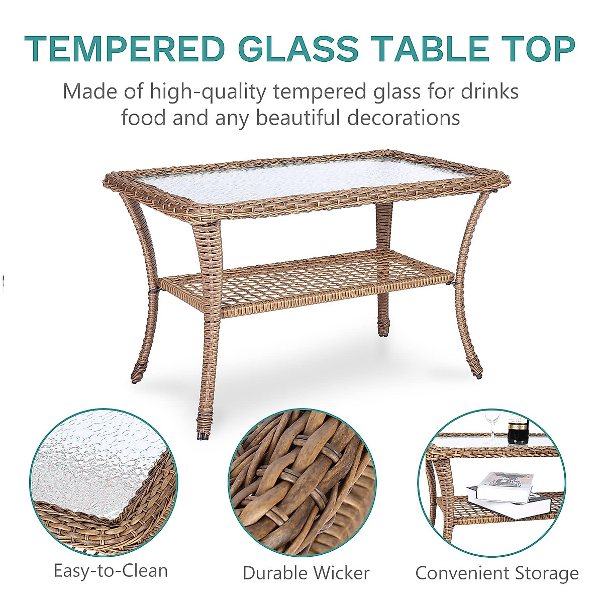 MEETWARM 5 Pieces Outdoor Patio Rattan Furniture Sets, All Weather Patio Wicker Conversation Set - 2 Rocking Swivel Chairs 1 Rattan Loveseat Glider with Cushions, 2 Glass-Top Coffee Table, Beige