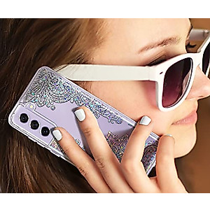Coolwee Clear Glitter for Galaxy S21 FE Case Thin Flower Slim Cute Crystal Lace Bling Shiny Women Girl Floral Plastic Hard Back Soft TPU Bumper Protective Cover for Samsung Galaxy S21 FE Mandala Henna
