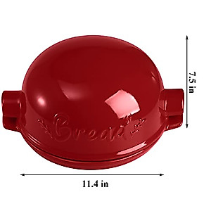 Okllen Bread Baker with Lid, Ceramic Large Bread Pot Cheese Potato Cooker, Oven Safe Bread Baking Pot Pan Multi Cooker for Home Bread Making, Red, 11.4" x7.5"