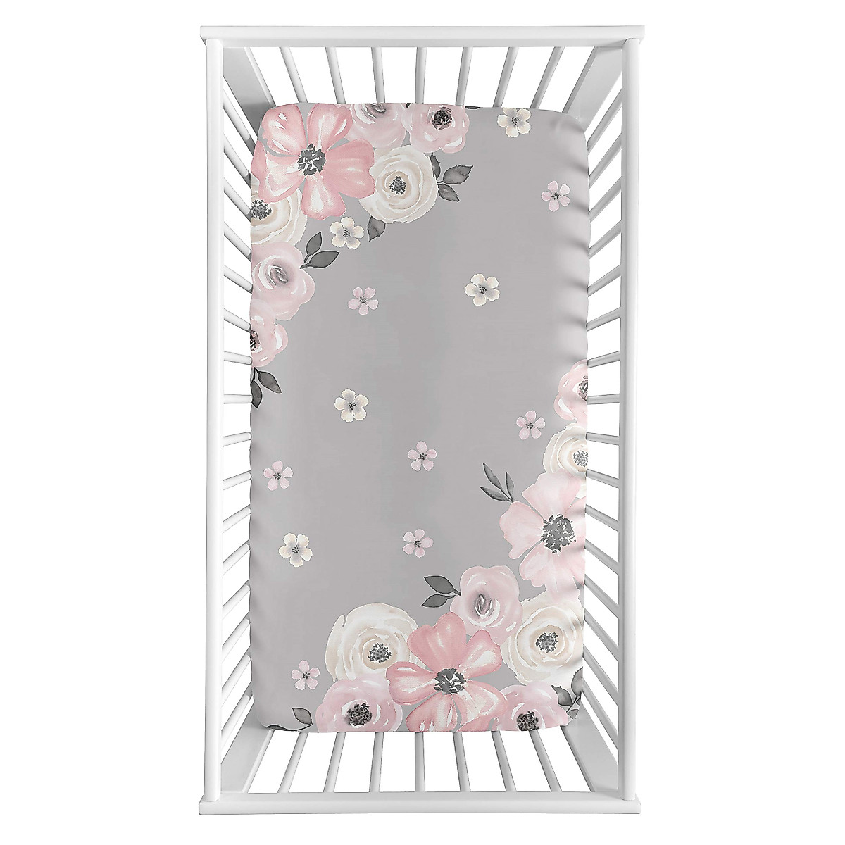 Sweet Jojo Designs Grey Watercolor Floral Girl Fitted Crib Sheet Baby or Toddler Bed Nursery Photo Op - Blush Pink Gray and White Shabby Chic Rose Flower Farmhouse