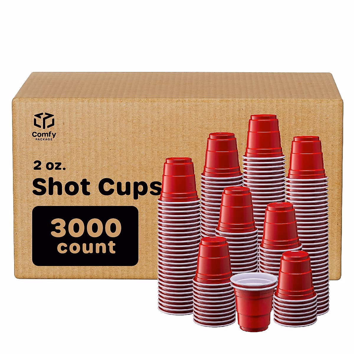 Comfy Package [Case of 3,000 2 oz. Mini Plastic Shot Glasses Disposable - Red Jello Shot Cups for Parties and Events