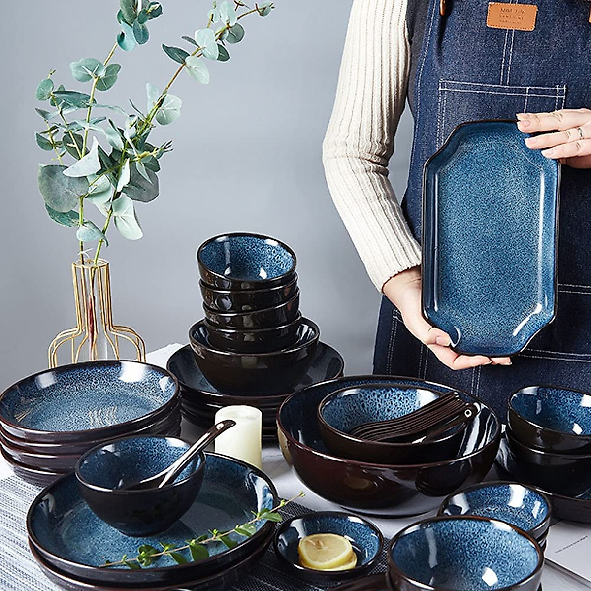 GagalU Porcelain Dinnerware SetDark Night Starry Sky56 Pieces Light Luxury Dinnerware Set Service for 6-8, Anti-Scalding Ceramics Bowl and Plate Combination