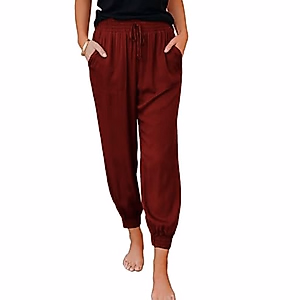 Dokotoo Womens Ladies Summer Comfy Casual Loose Lightweight Solid Color Tie Elastic Waist Linen Jogging Jogger Pants Sweatpants for Women with Pockets Red Large