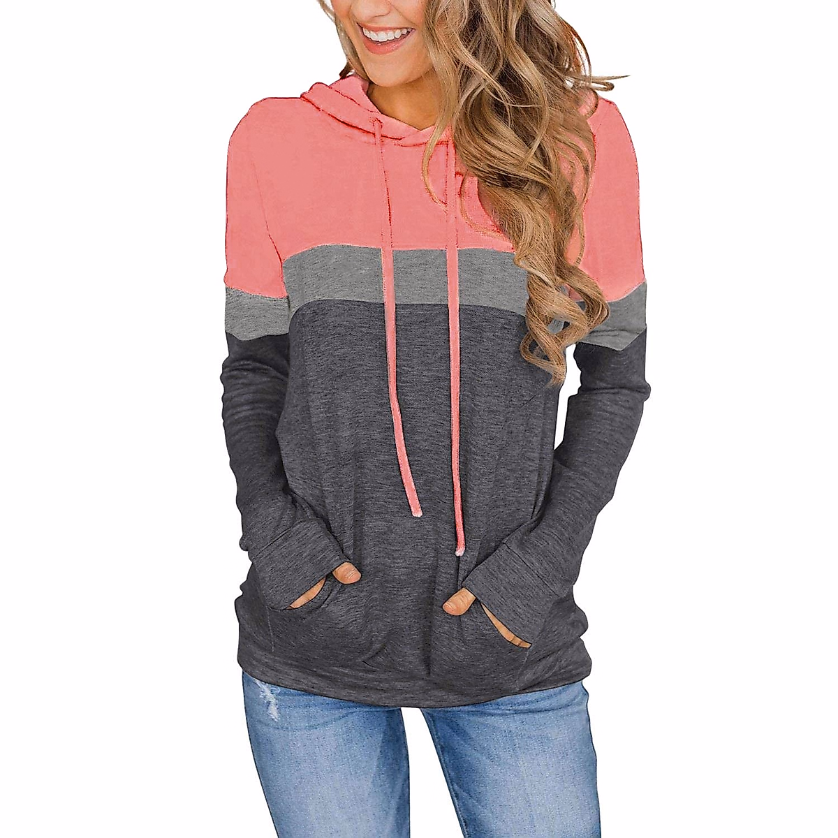 MixShe Womens Fall Fashion 2024 Long Sleeve Shirts for Women Tops Trendy Sweatshirts Hoodies Fashion Outfits Clothes Ladies Casual Tunics Pink & Gray Large